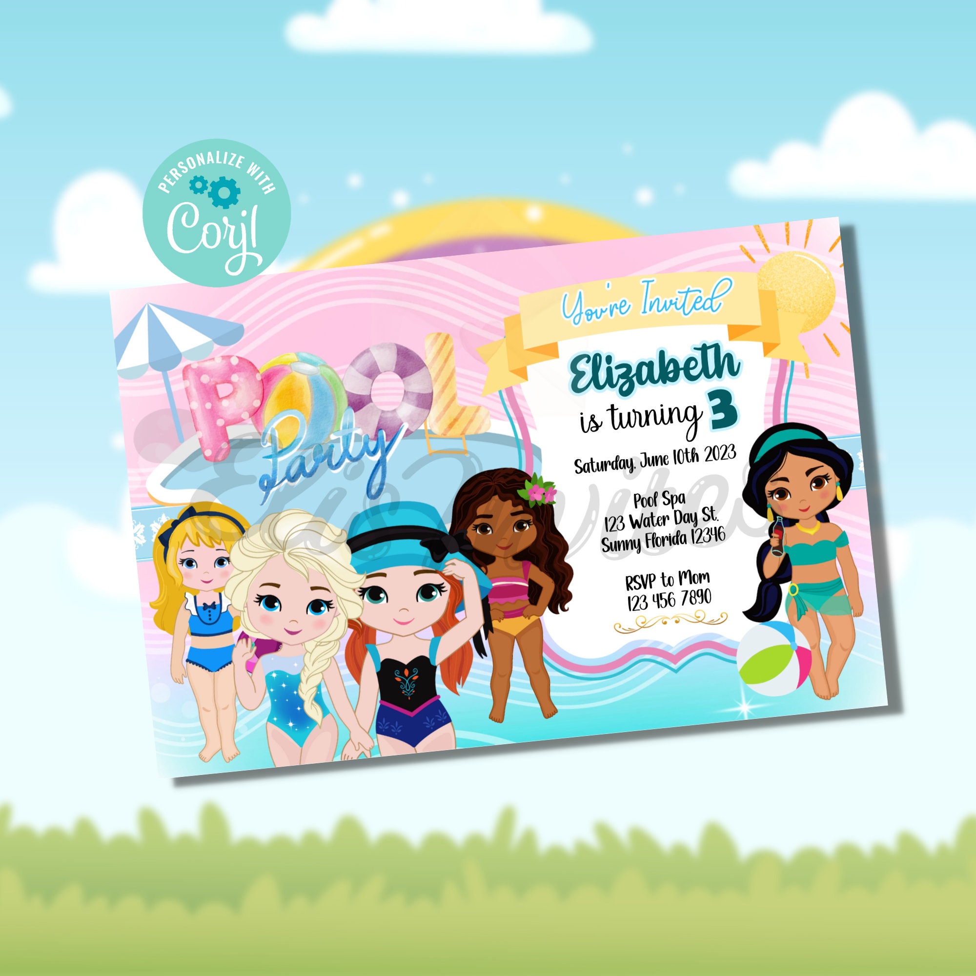 Corjl Princess Pool Party Digital Birthday Invitation INSTANT EDITABLE ...