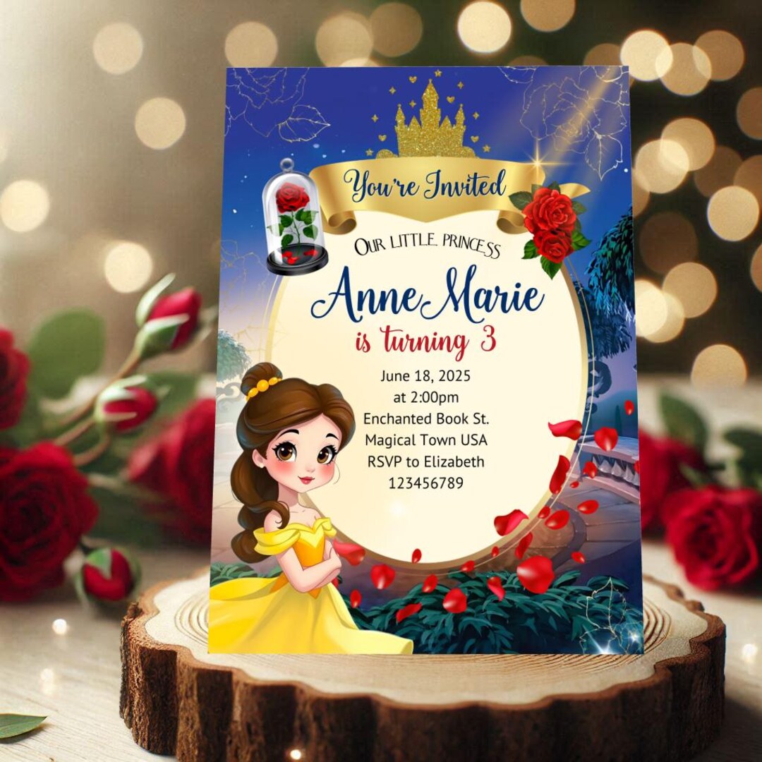 Belle Birthday Invitation | Watercolor, Roses, Gold Glitter (5x7 ...