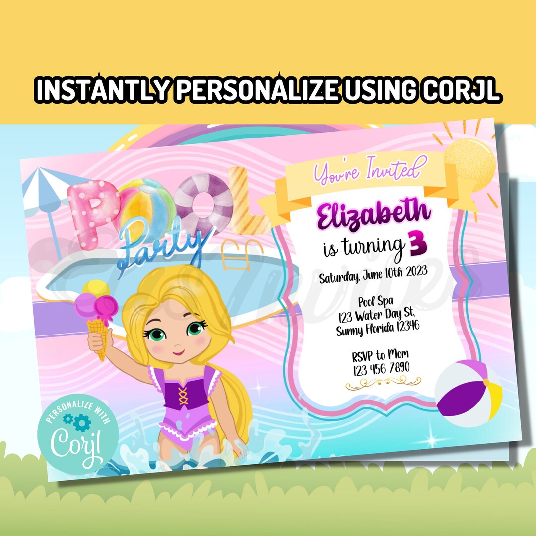 Corjl Princess Pool Party Rapunzel Digital Birthday Invitation INSTANT ...