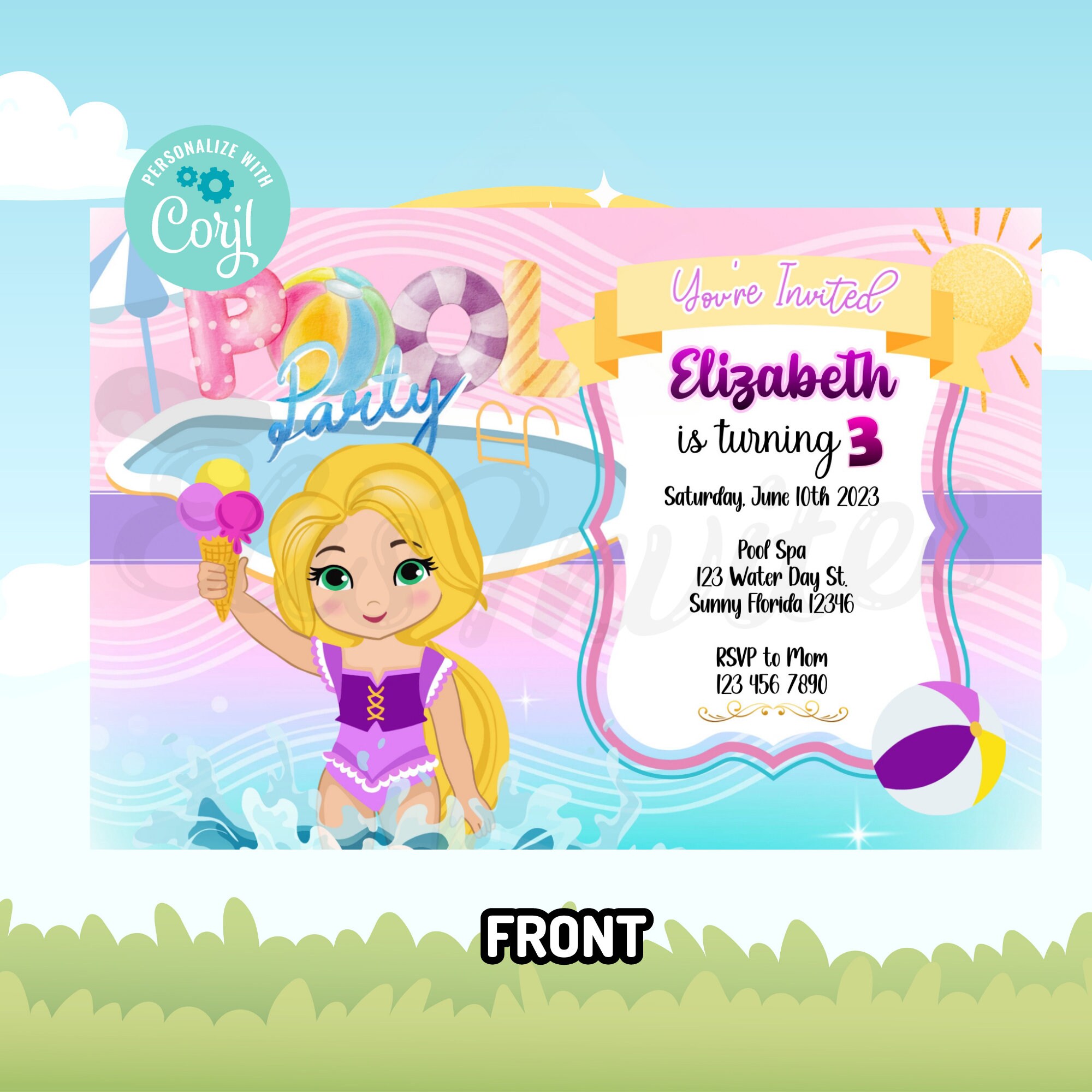 Corjl Princess Pool Party Rapunzel Digital Birthday Invitation INSTANT ...