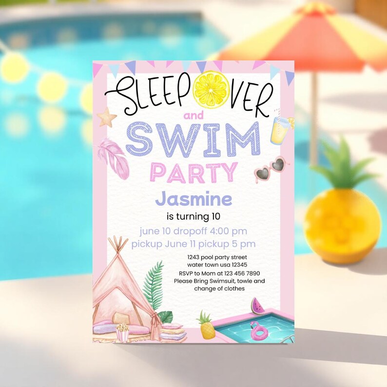 Sleepover Swim Party Invitation | Watercolor Pink (5x7 Instant Download ...