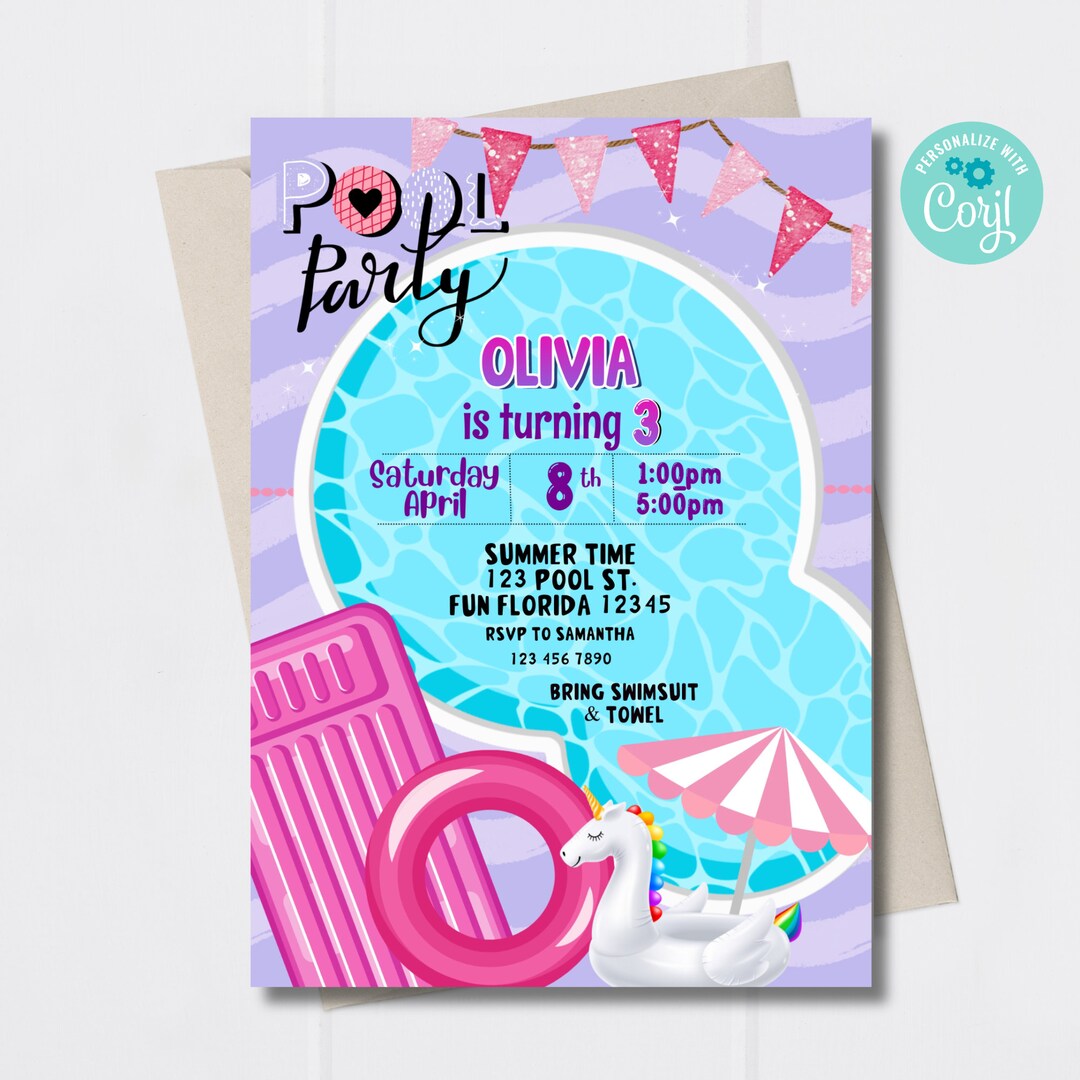 Corjl Cute Girly Pink Purple Pool Party Birthday Digital Invitation ...