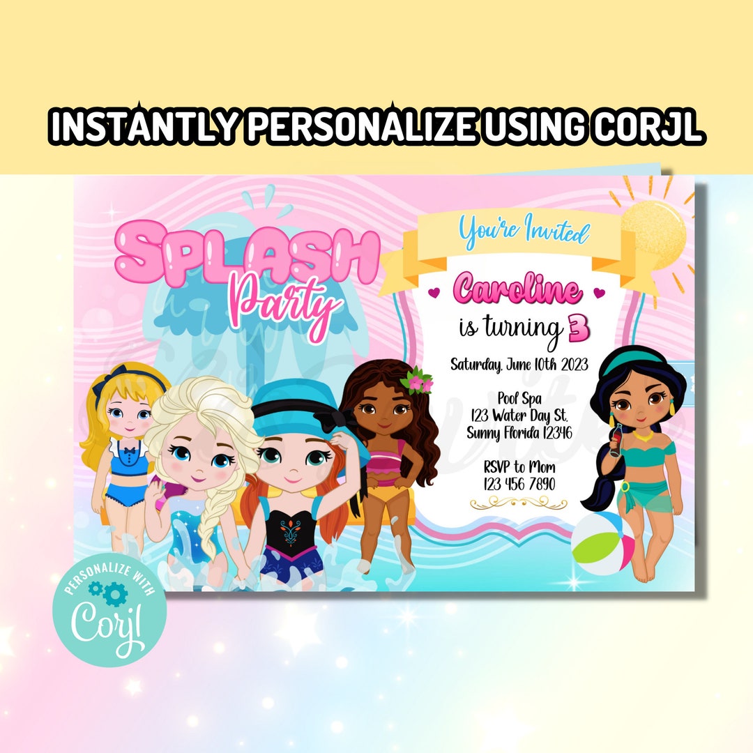 Corjl Splash Pad Princess Pool Party Digital Birthday Invitation ...