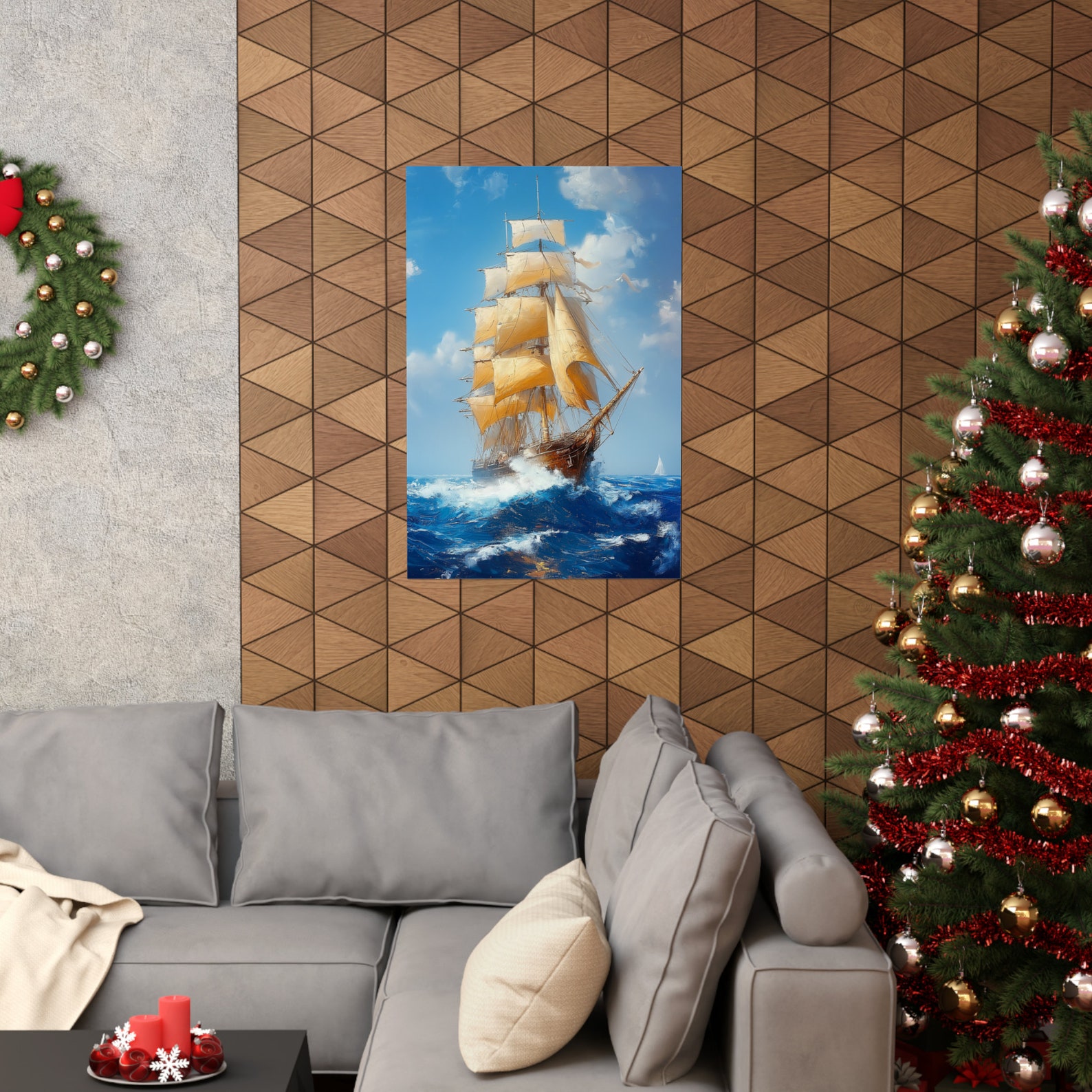 Clipper Ship Sailing in Choppy Sea Waves- Ocean Art Boating- Painting ...