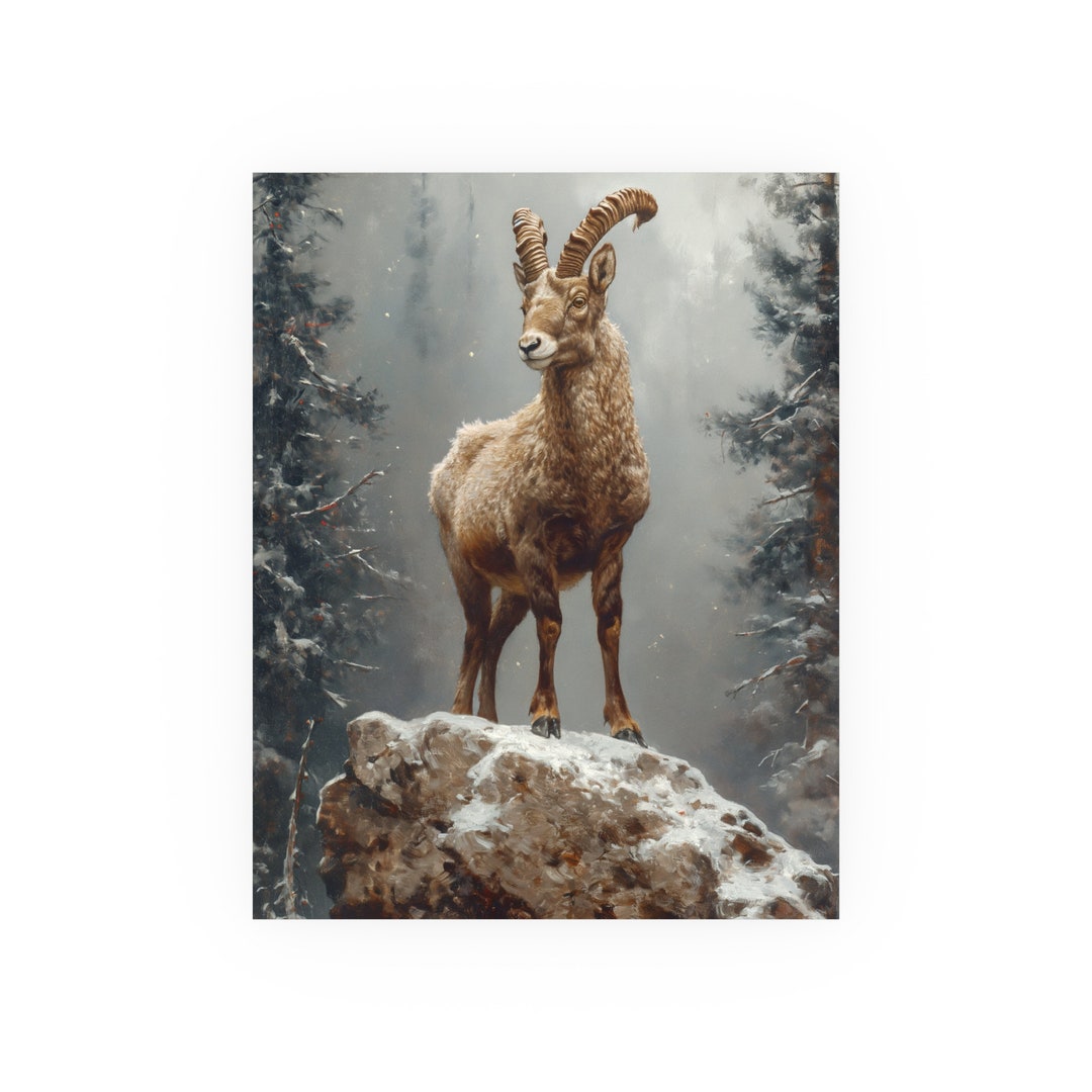 Young Ibex in Forest in the Winter Snow- Woodland Animals Vintage Oil ...