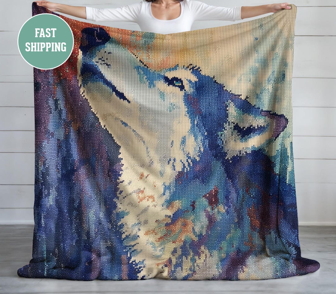 Plush Blanket, Howling Wolf Crochet Styled Southwestern Design, Warm ...