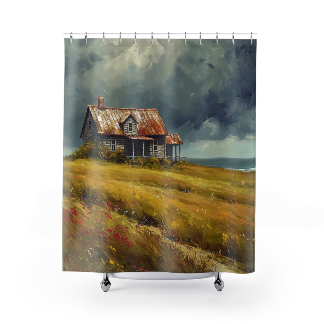 Old Rustic Home on Beach Storm Clouds in Sky Grassy Pathway - Vintage ...
