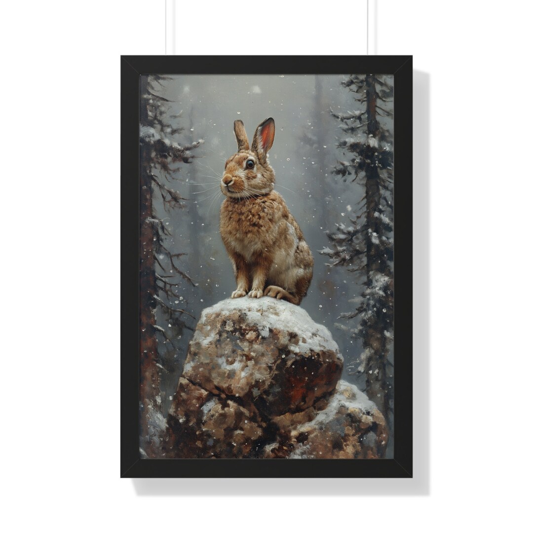 Big Hare Rabbit in Forest in the Winter Snow- Woodland Animals Vintage ...