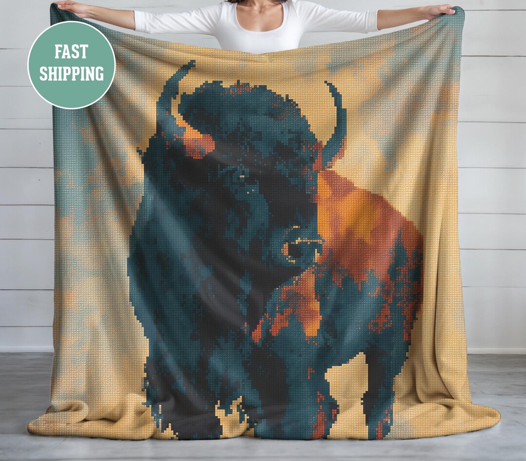 Crochet Style Buffalo Bison Blanket, Cozy Throw, Bedspread, Home Decor ...