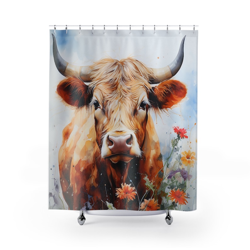 Brown Bull Grazing Watercolor Shower Curtains - Southern Ranch Decor ...