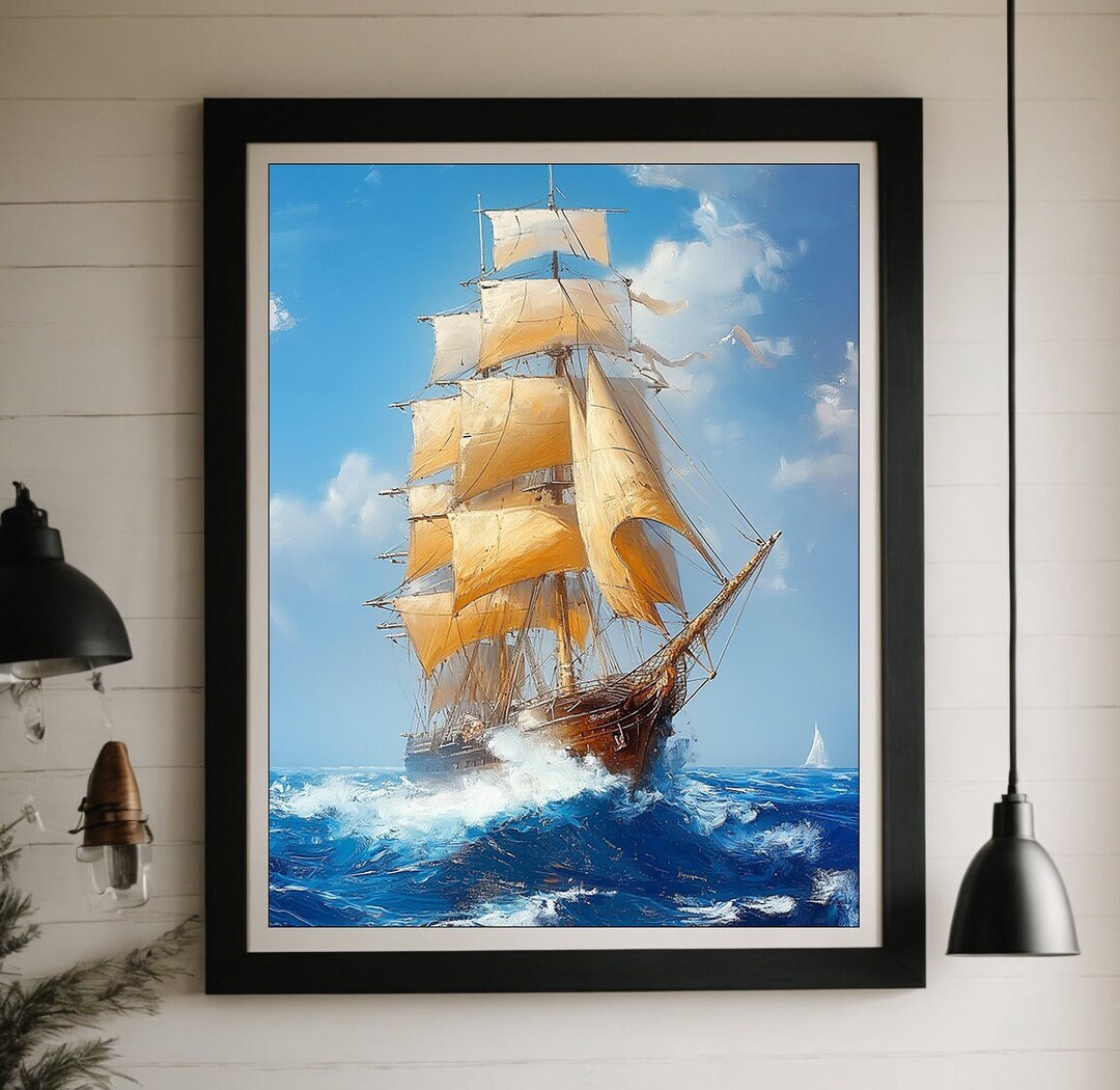 Clipper Ship Sailing in Choppy Sea Waves Ocean Art Boating Painting ...