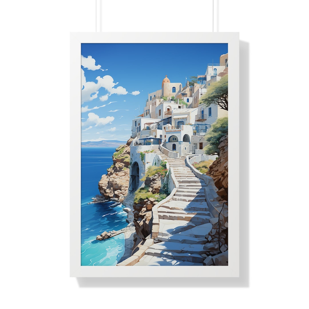 Greek Seaside Townscape Print - Mediterranean Coastal Artwork - White ...