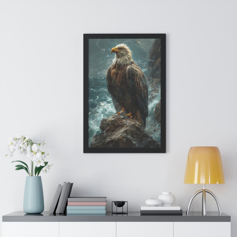 Bald Eagle Perched on Rock Seascape Ocean View Birding Vintage Heavy ...