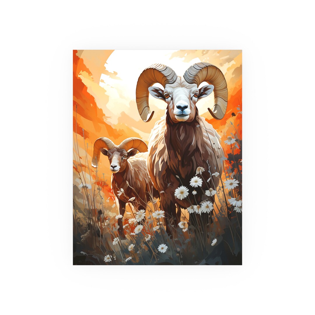 Mountain Rams Sunset Watercolor Print - Majestic Grazing Wildlife Art ...
