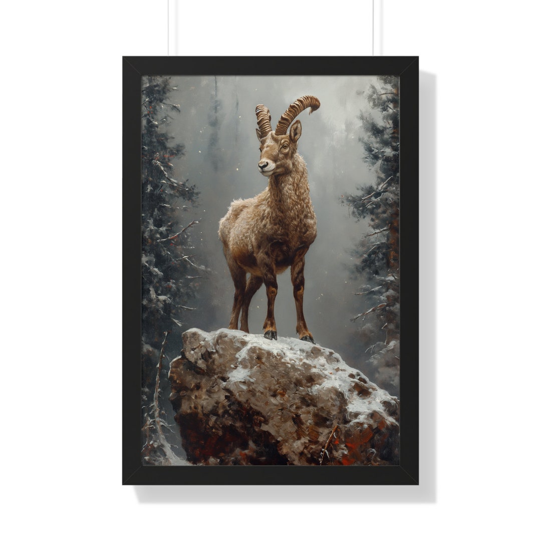 Young Ibex in Forest in the Winter Snow- Woodland Animals Vintage Oil ...