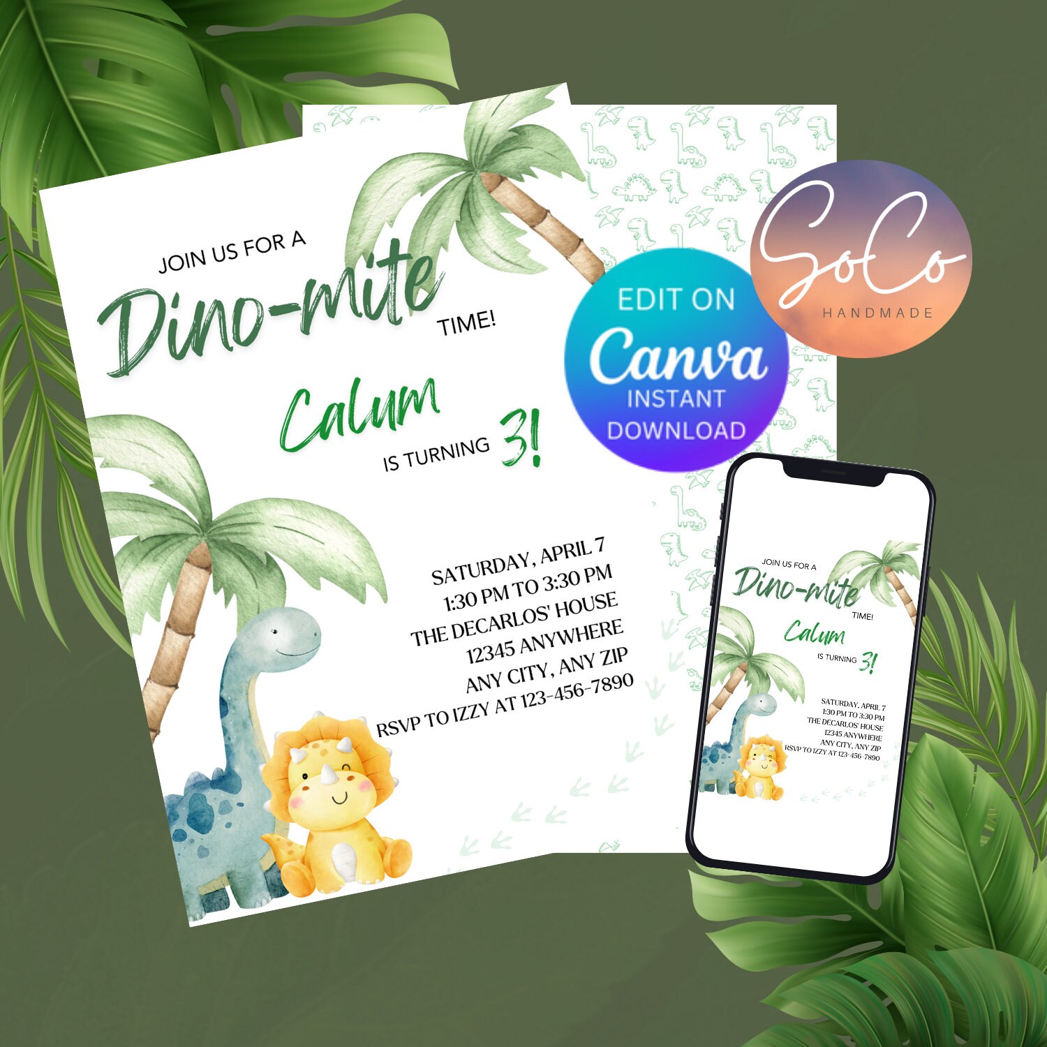 Dinosaur Birthday Invitation| Cute Dino Birthday Invites| Instant ...