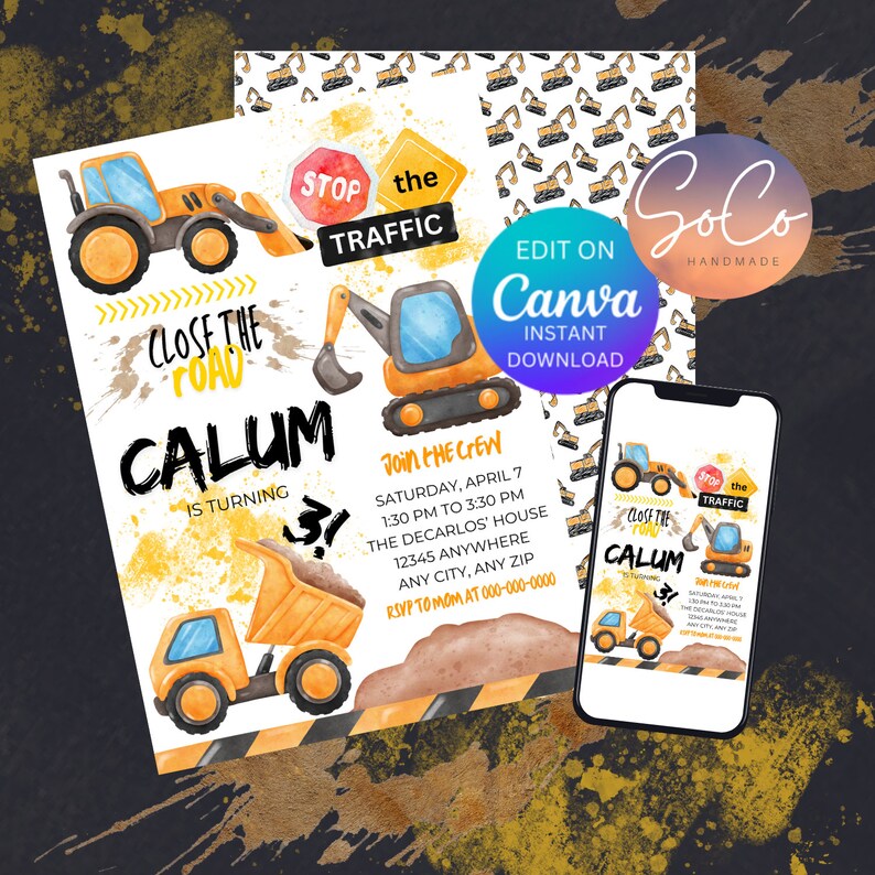 Construction Birthday Invitations| Construction Vehicles| Digital ...