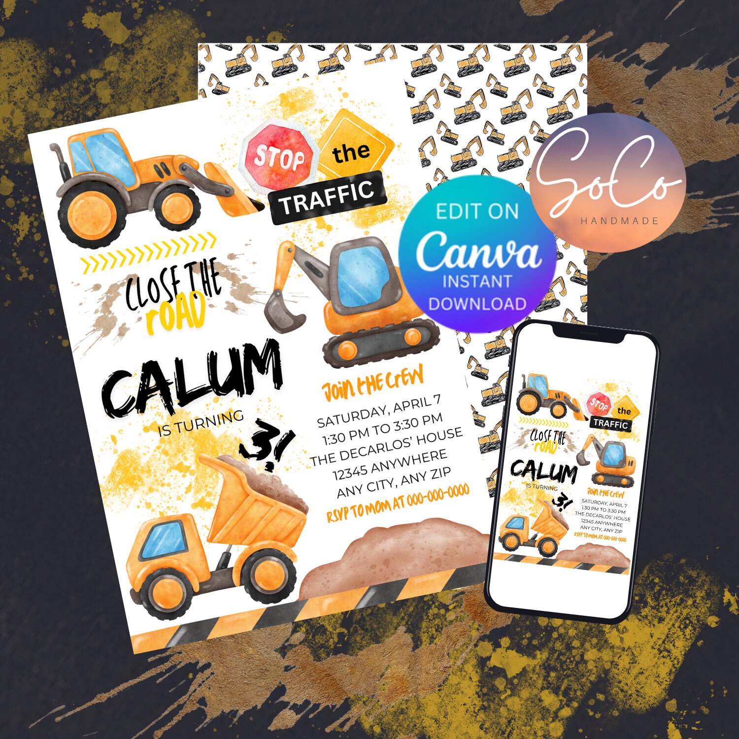 Construction Birthday Invitations| Construction Vehicles| Digital ...