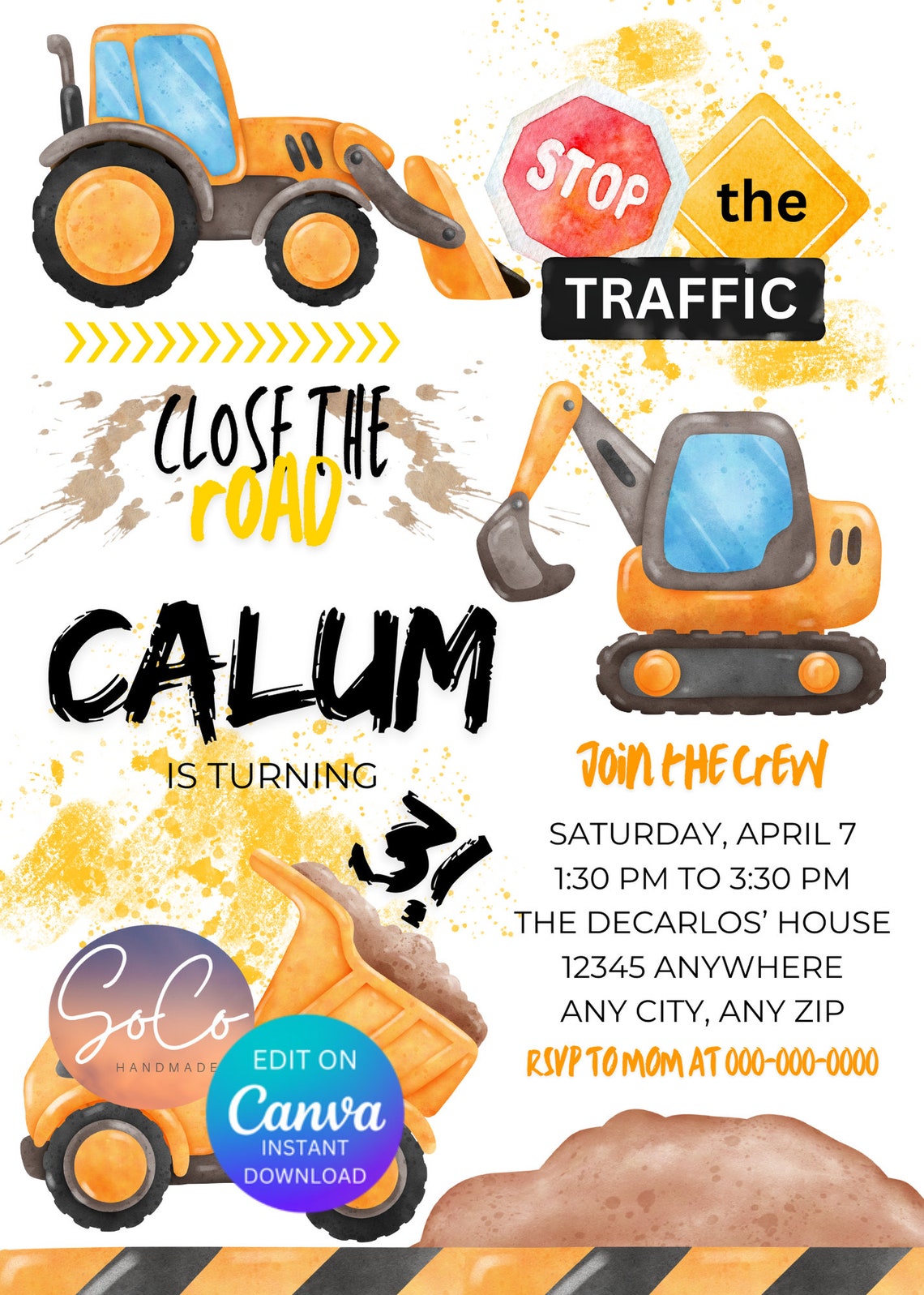 Construction Birthday Invitations| Construction Vehicles| Digital ...