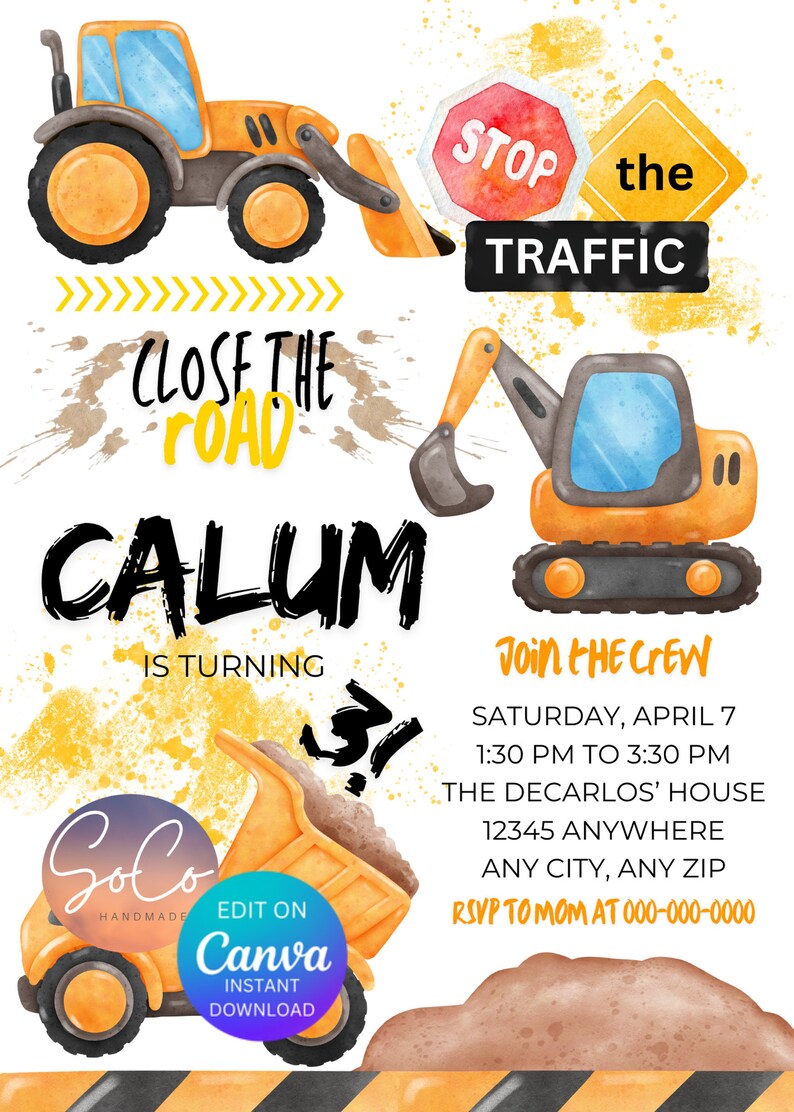 Construction Birthday Invitations| Construction Vehicles| Digital ...