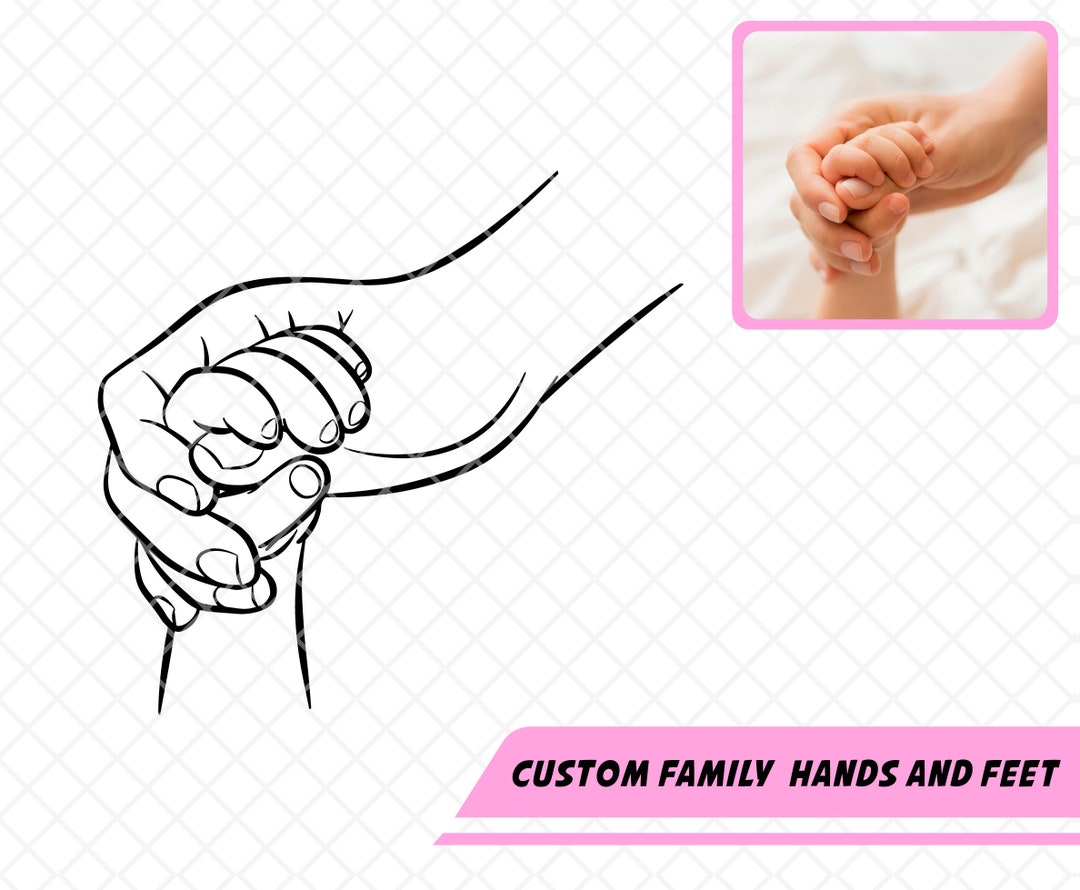 Custom Family Hands Drawing for 2 Figures, Baby Holding Mother Hand ...