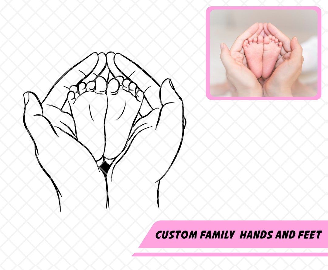 Custom Family Hands Drawing for 4 Figures, Mother Holding Baby Feet ...