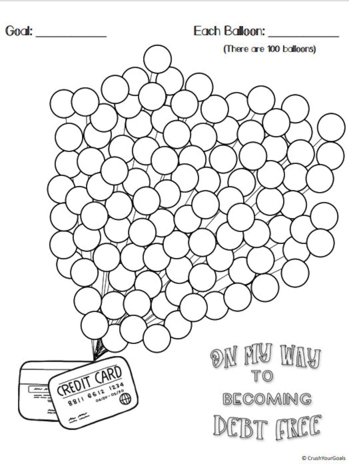 Credit Card Payoff Debt Tracker Progress Chart -- 100 Balloons - Debt ...