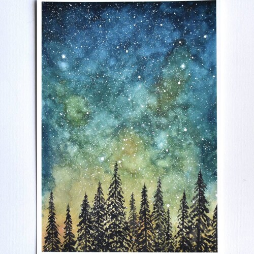 Starry Night Sky Galaxy Watercolor Art Print Milky Way Over | Etsy