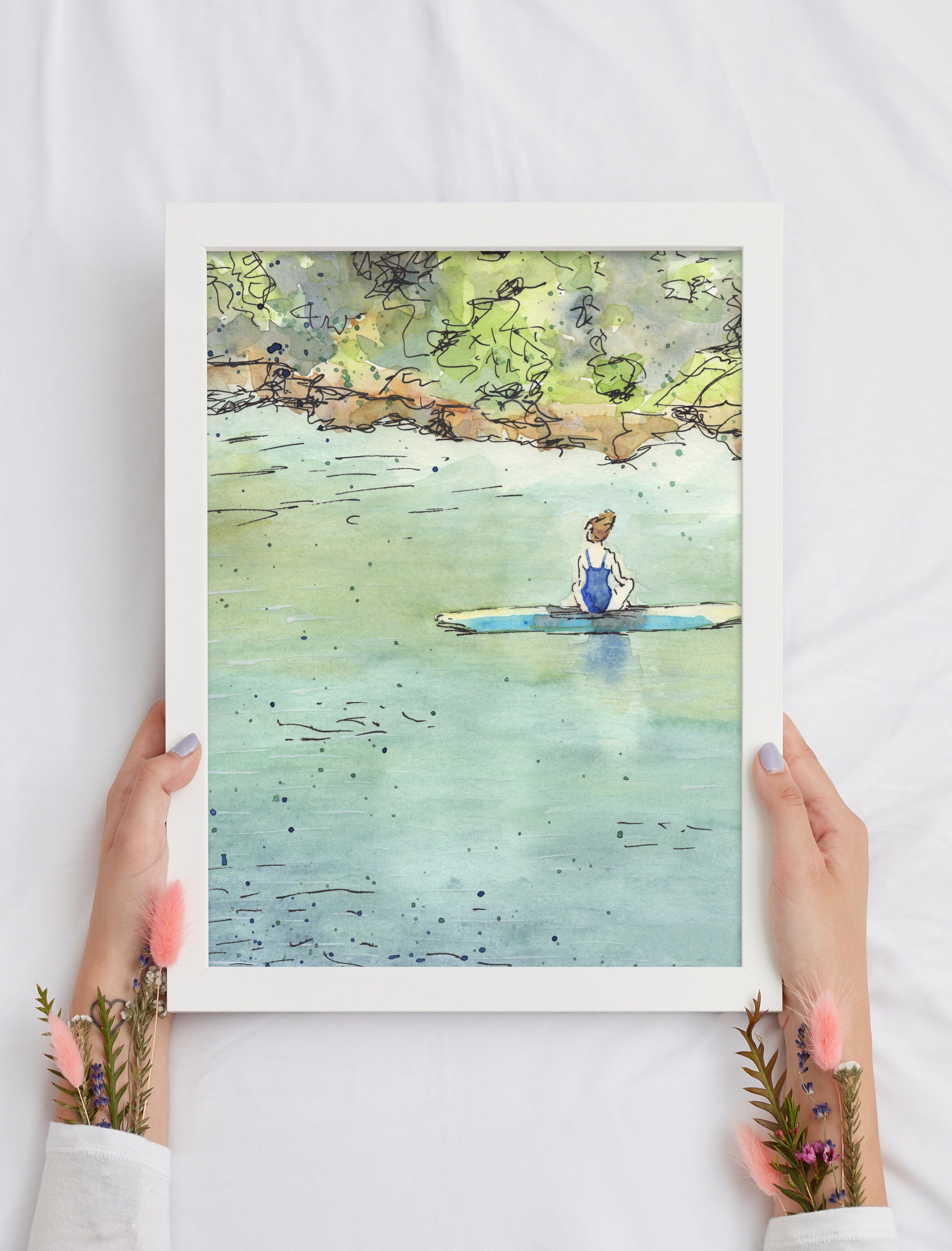 Girl on Lake Watercolor Painting Print Lake Printable Wall - Etsy