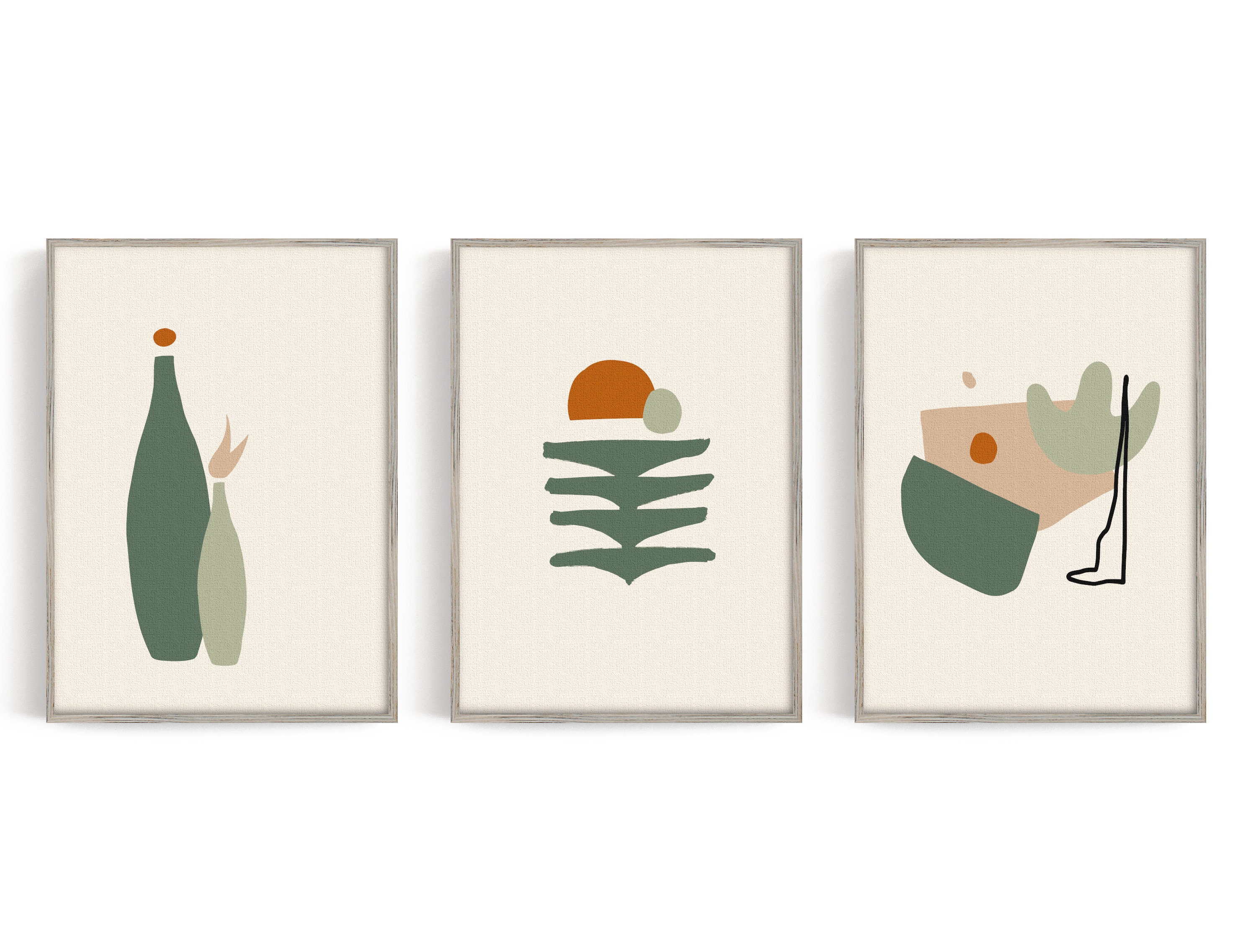 Mid Century Modern Art Print Set of 3, Abstract Shapes Set of 3, Green ...