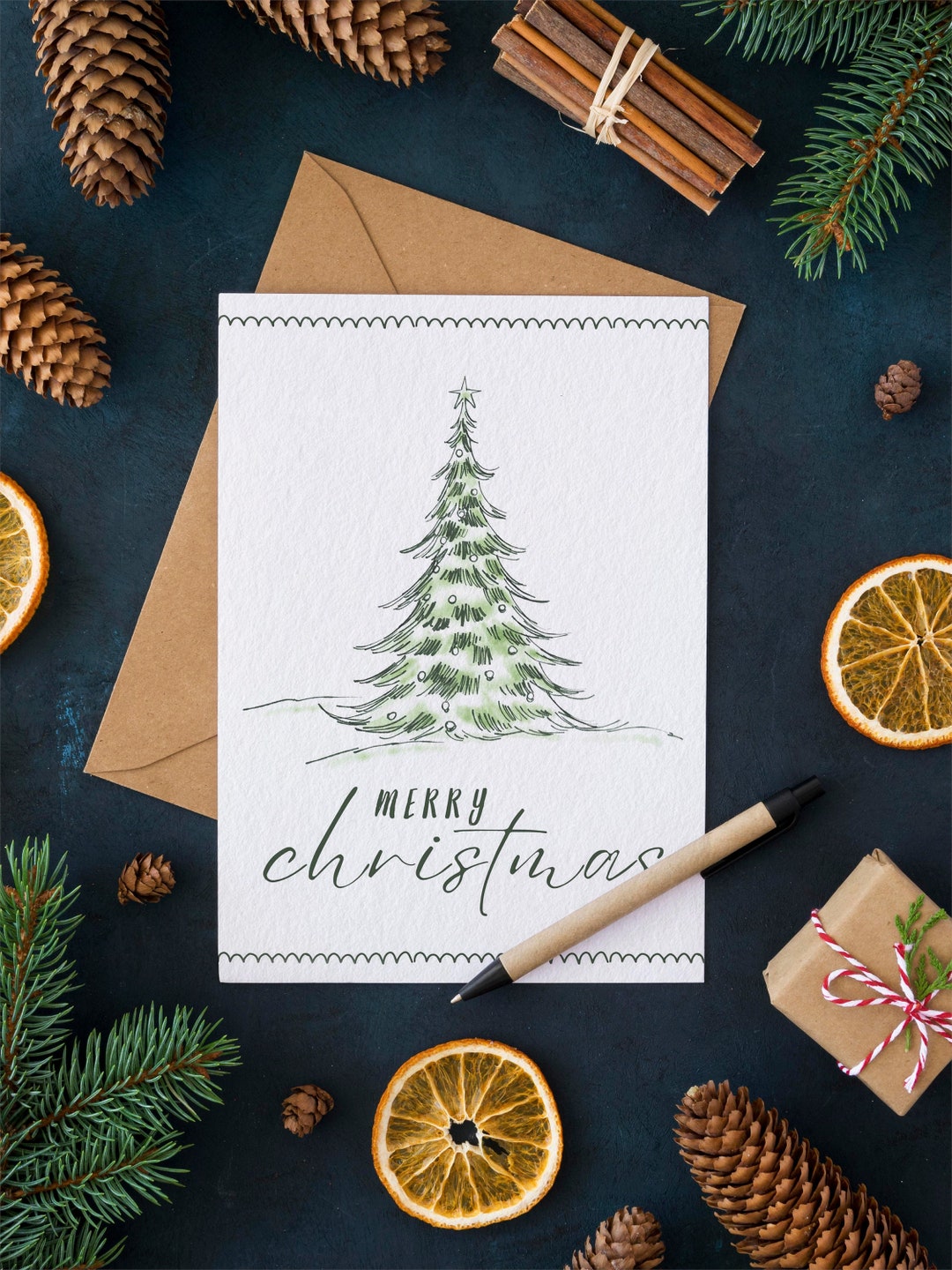 Merry Christmas Minimal Ink Pen Sketch Christmas Tree 5 X 7 Foldable ...