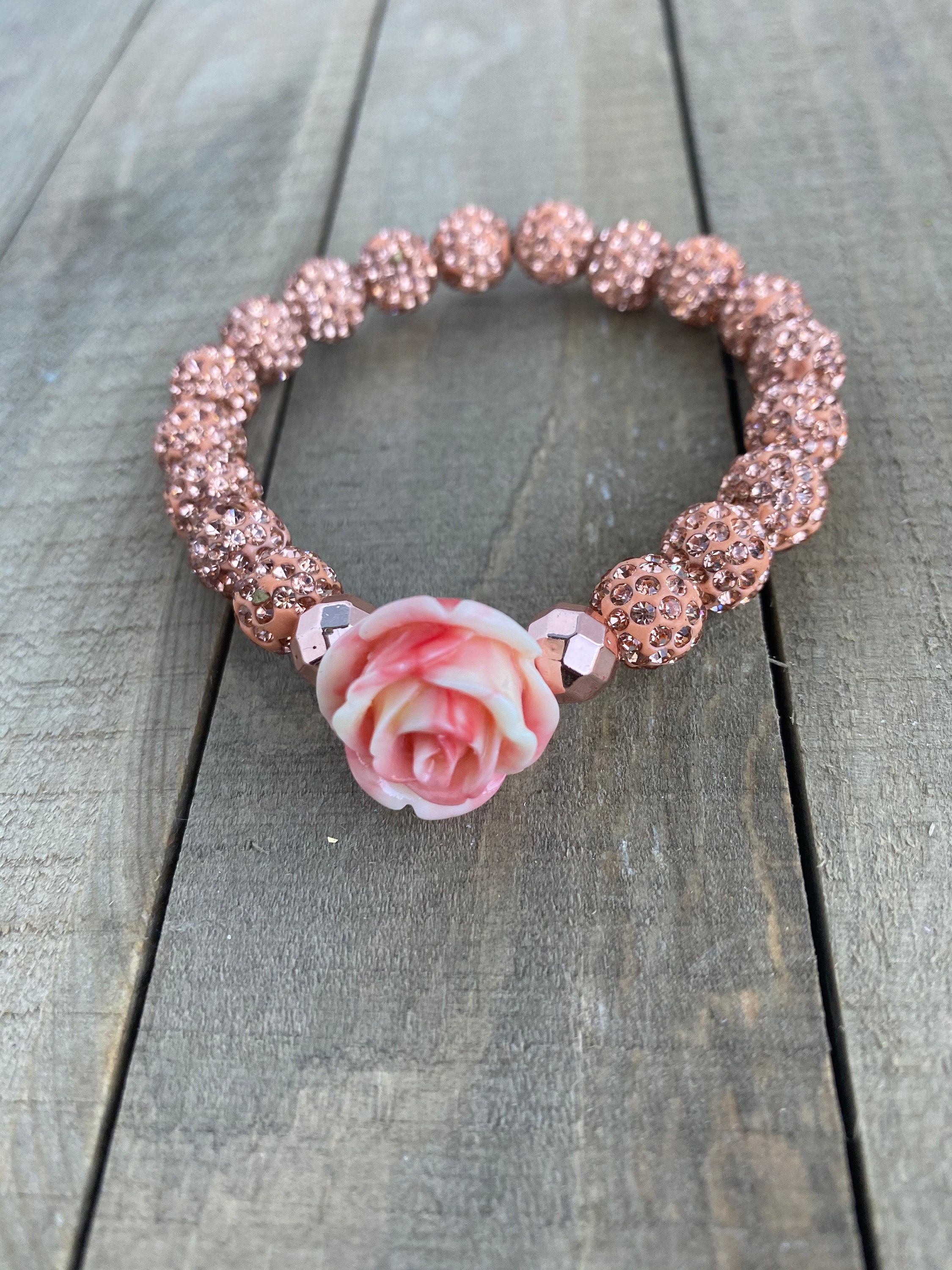 Stretchy Rose Gold Beaded Bracelet, Disco Ball Clay Beads, Rose Acrylic ...