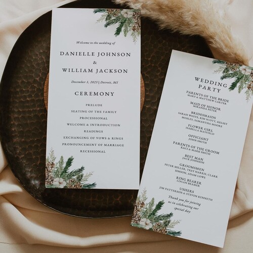 Pine Cone and Cotton Wedding Program Template Editable Winter - Etsy