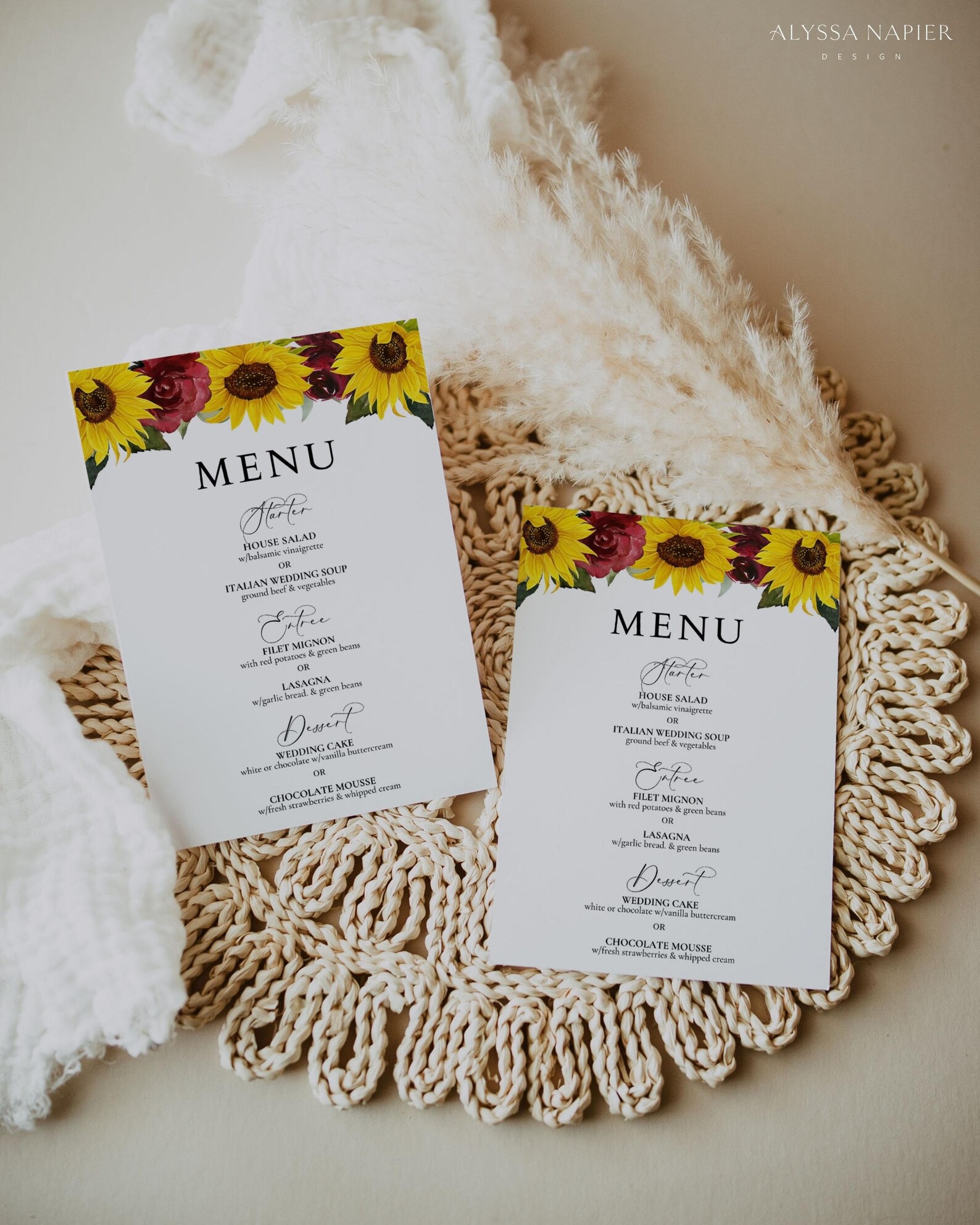 Sunflower Wedding Menu Template Printable Sunflower and Rose - Etsy