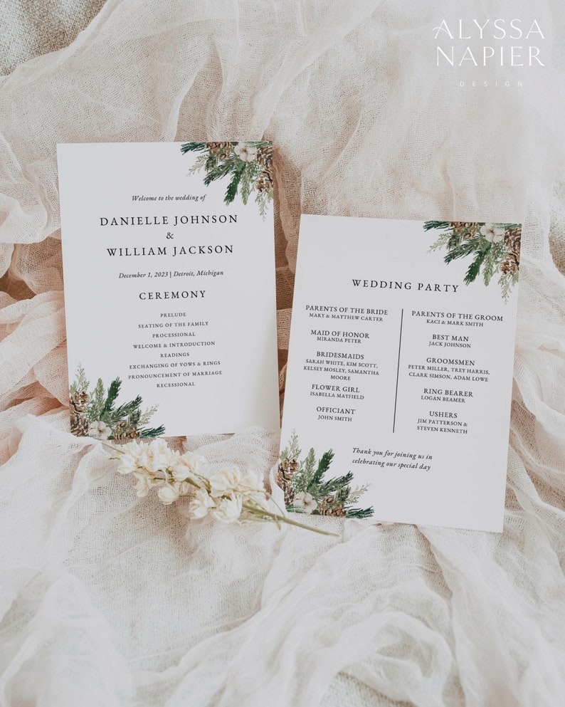 Winter Wedding Program Pine Wedding Program Template - Etsy