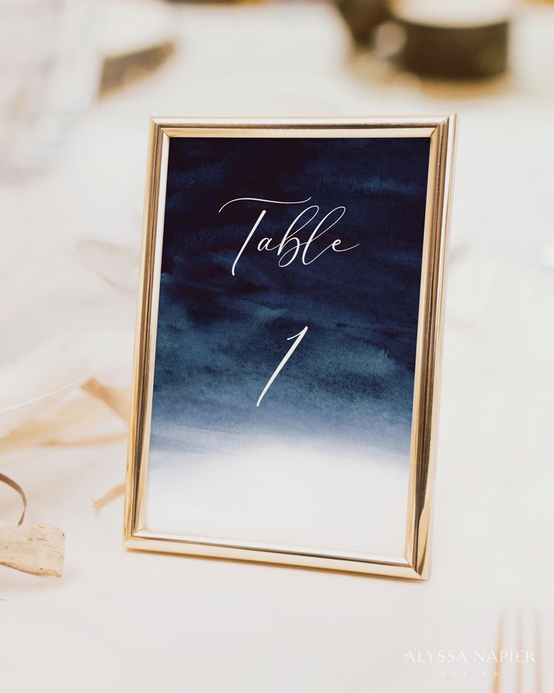 Blue Wedding Table Numbers Template Navy Blue Watercolor - Etsy