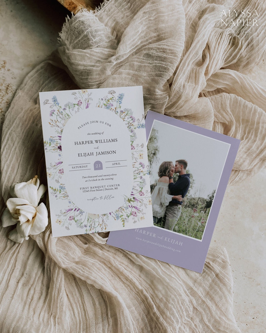 Purple Wedding Invitation Template, Wildflower Wedding Invitation With ...