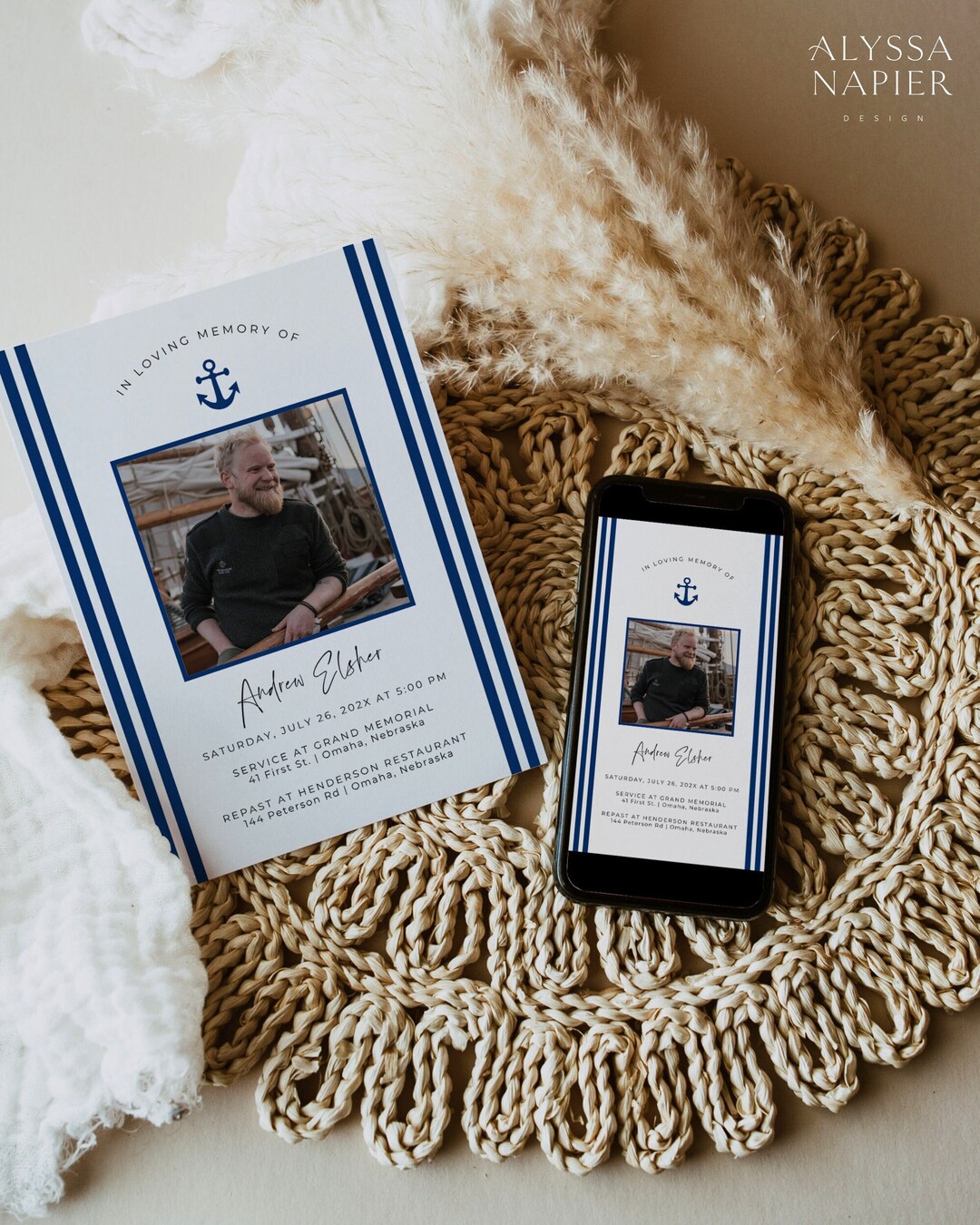 Anchor Funeral Invitation Template, Nautical Memorial Invitation Card ...