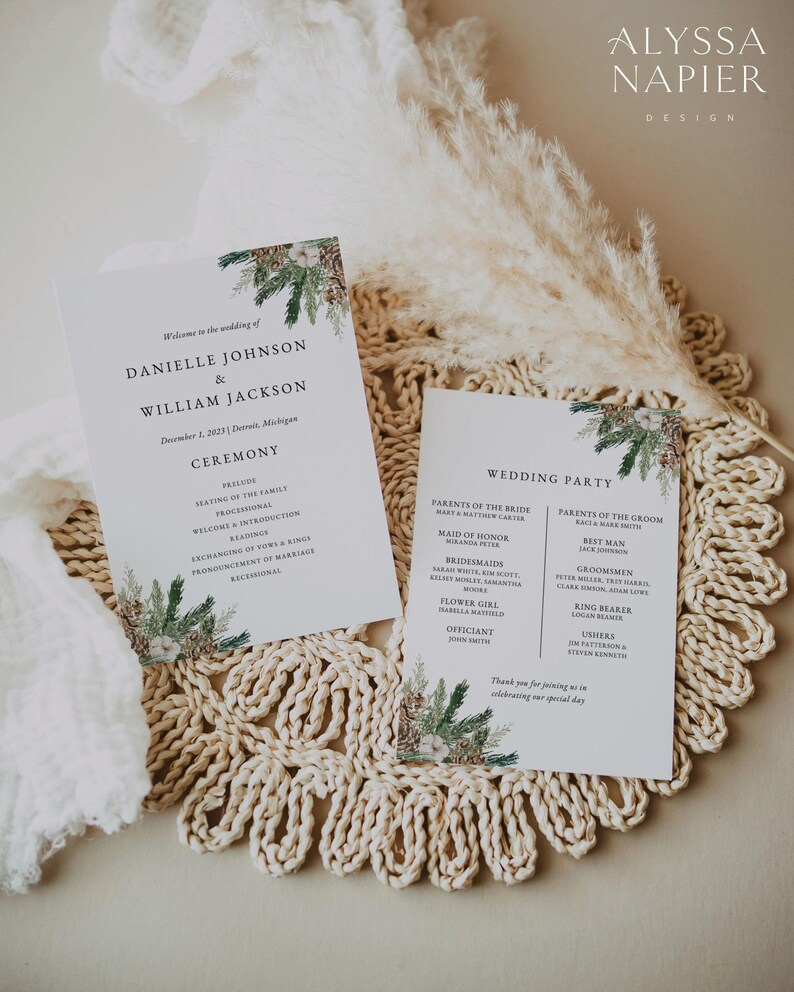 Winter Wedding Program Pine Wedding Program Template - Etsy