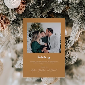 Gold Christmas Card Template Canva, Boho Holiday Card With Photo ...