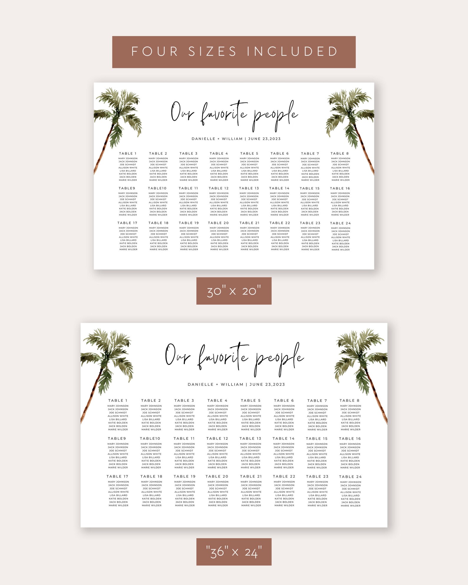 Tropical Seating Chart Template, Palm Tree Wedding Seating Chart Sign ...