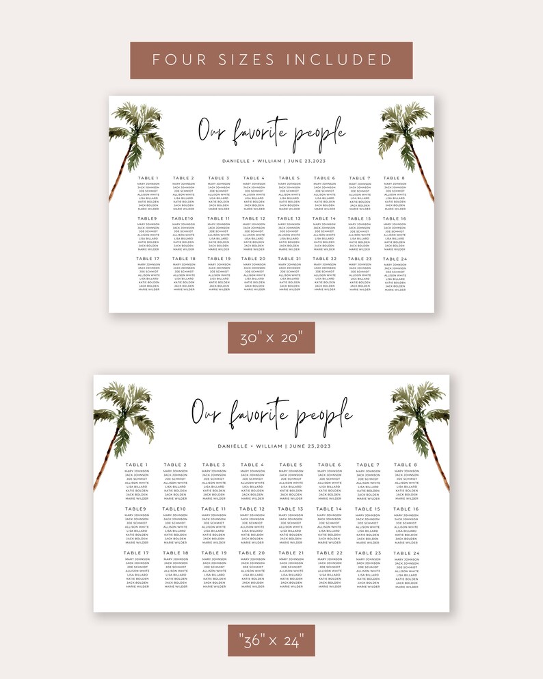Tropical Seating Chart Template, Palm Tree Wedding Seating Chart Sign ...