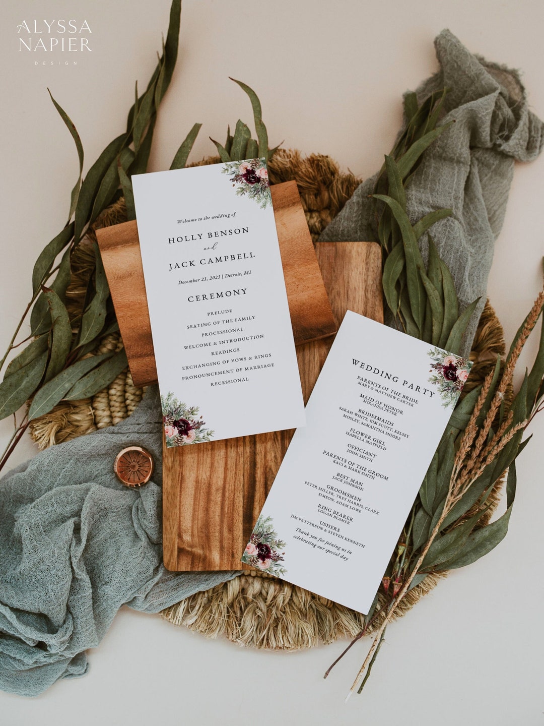 Christmas Wedding Program Template Canva, Burgundy Blush Wedding ...