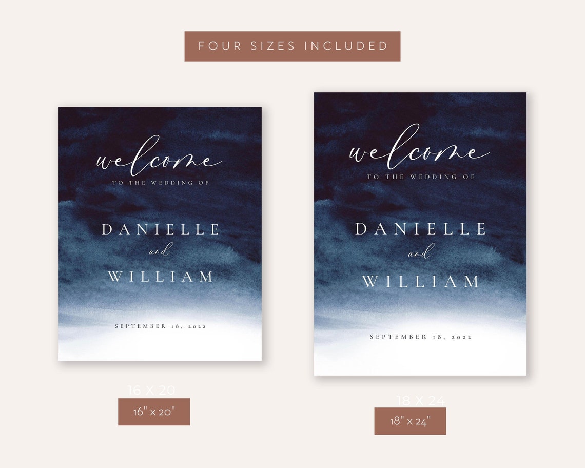 Navy Blue Watercolor Wedding Welcome Sign Template, Editable Welcome ...