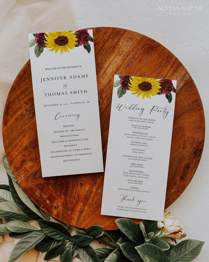 Sunflower Wedding Program Template Sunflower and Roses - Etsy