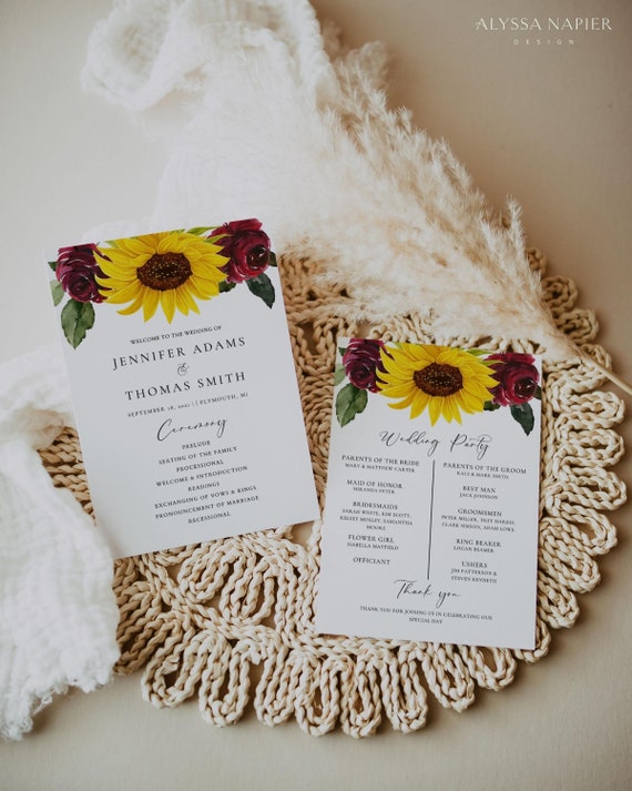 Sunflower Wedding Program Template Sunflower and Roses - Etsy