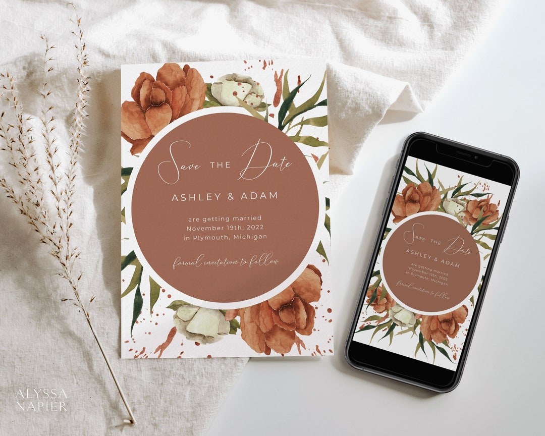 Burnt Orange Save the Date Terracotta Floral Save the Date Fall Wedding ...