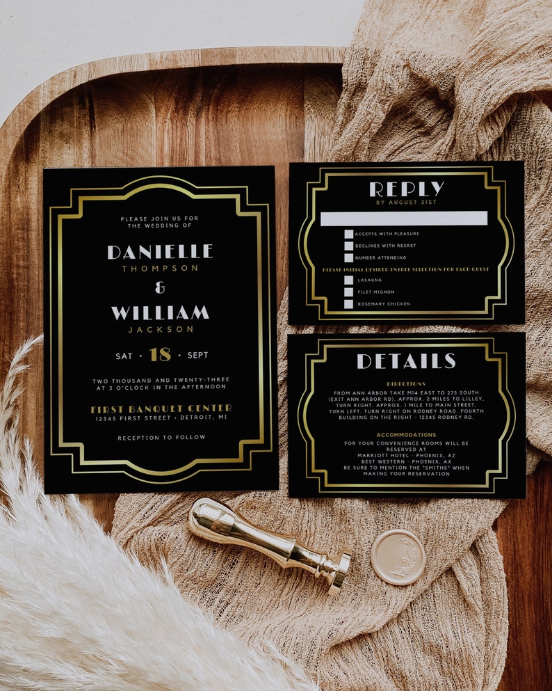Printable Art Deco Wedding Invitation Suite, Gold Frame Wedding ...