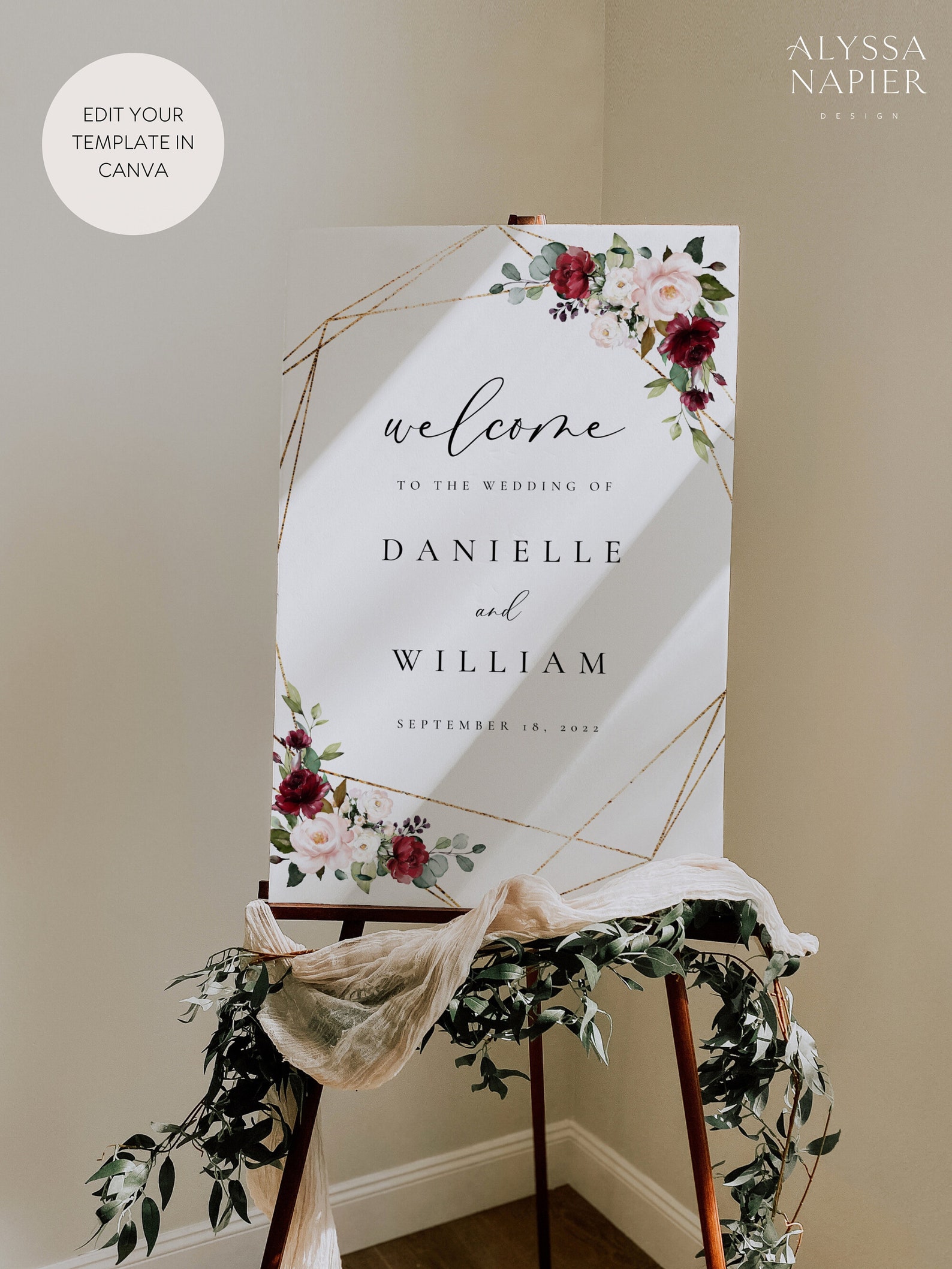 Burgundy and Blush Welcome Sign Wedding Template, Pink Floral Wedding ...