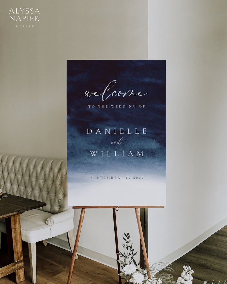 Navy Blue Watercolor Wedding Welcome Sign Template Editable - Etsy